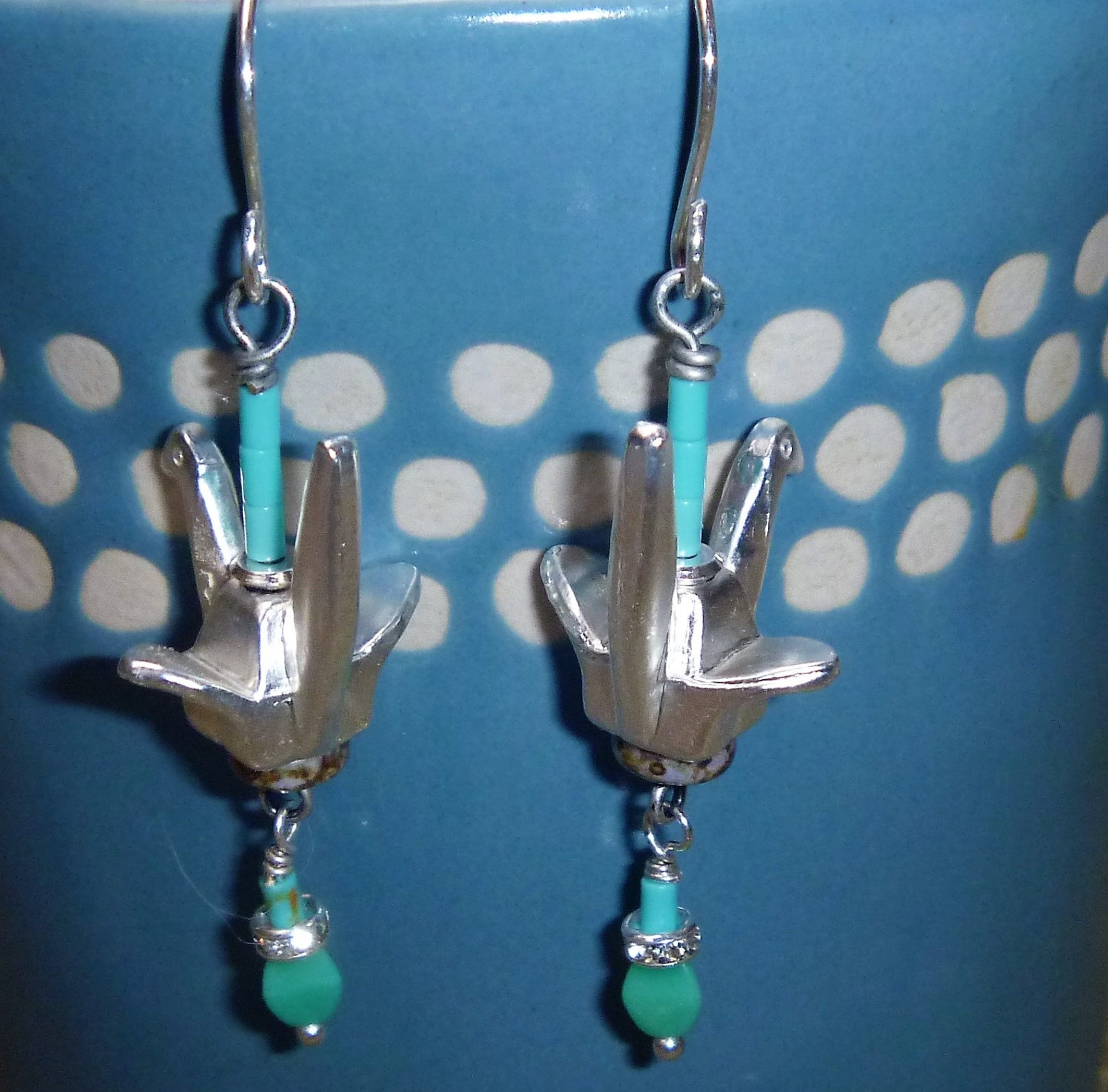 Metal Origami Crane Earrings With Rhinestones and Turquoise on - Etsy