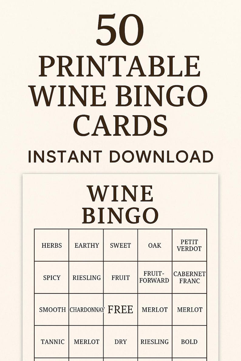 50 Printable Wine Bingo Cards – Wine Night Game, Instant Download PDF ...