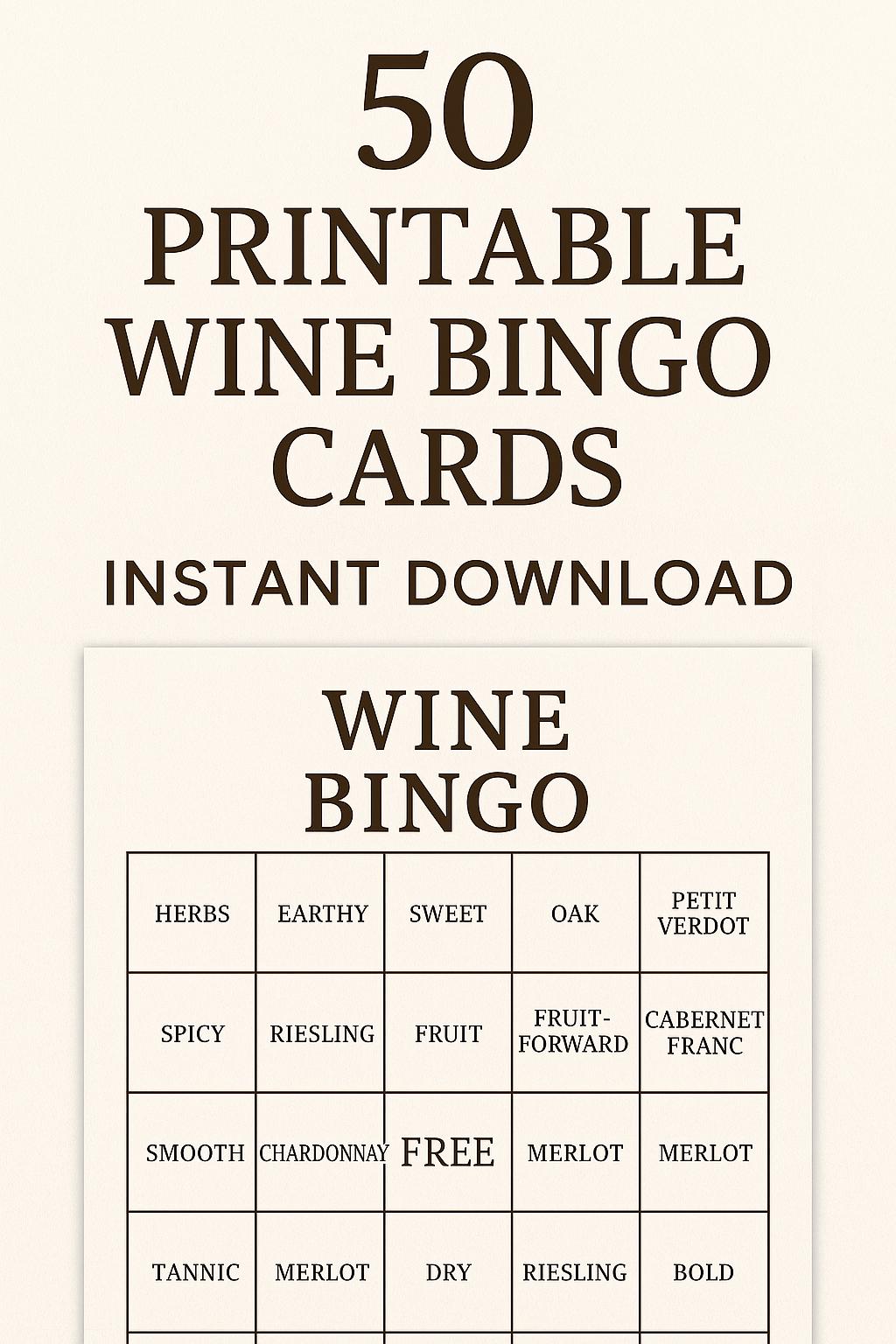 50 Printable Wine Bingo Cards – Wine Night Game, Instant Download PDF ...