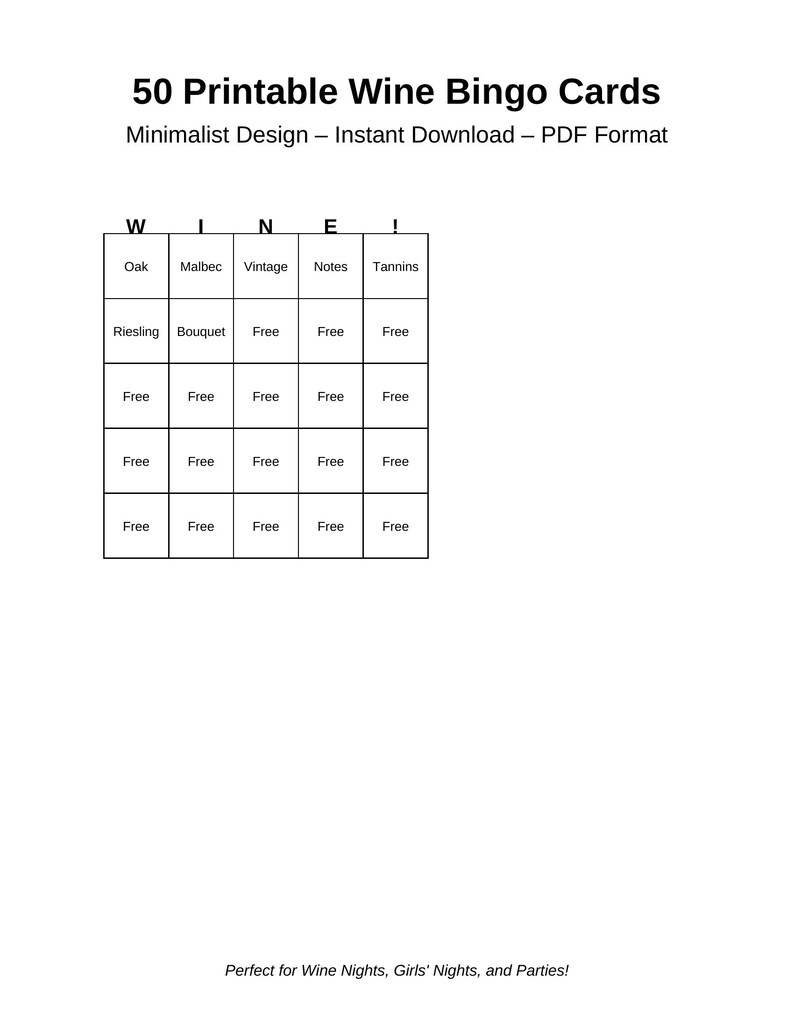 50 Printable Wine Bingo Cards – Wine Night Game, Instant Download PDF ...