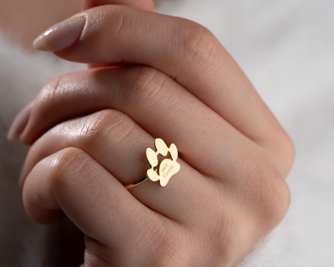 Pet Paw Print Adjustable Name Ring, Personalized Cat Paw Name Ring ...
