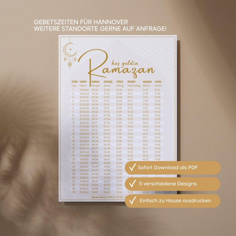 Ramadan Prayer Times Calendar 2026 Hanover | Hanafi | Diyanet | 5 ...