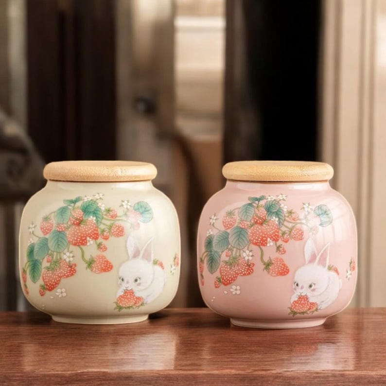 Strawberry & Bunny Tea Canister – Ceramic Travel Storage Jar for Tea ...