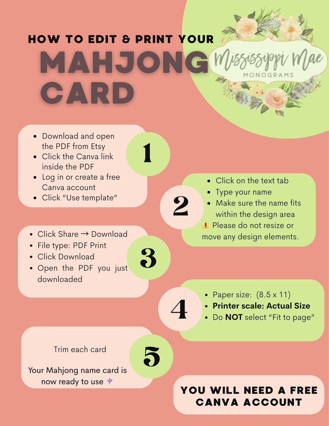 Editable Mahjong Name Card Template | NMJL Large Size (instant Download ...