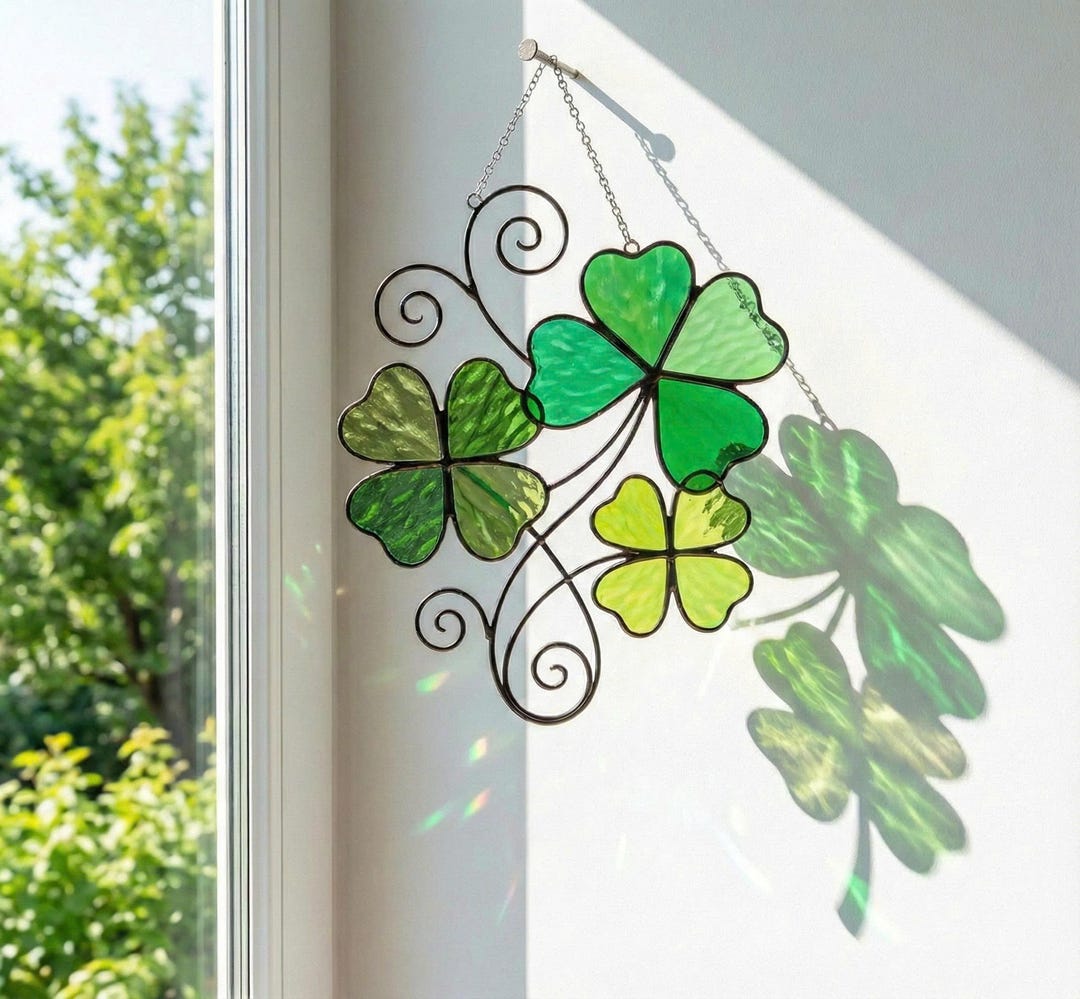Stained Glass Four Leaf Clover Suncatcher, Lucky Shamrock Window ...