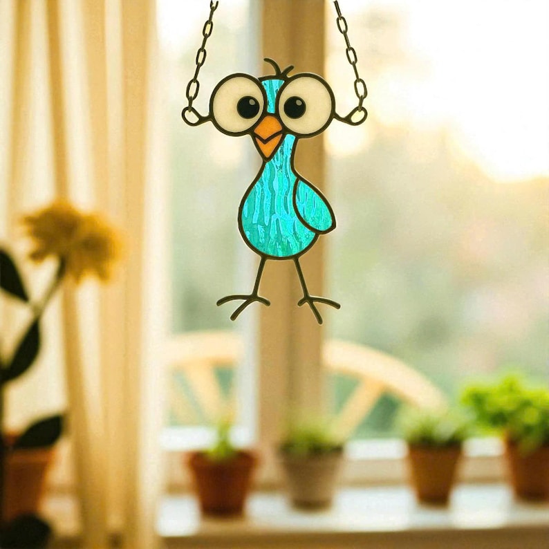 Funny Bird Stained Glass Suncatcher – Cute Cartoon Window Hanging ...