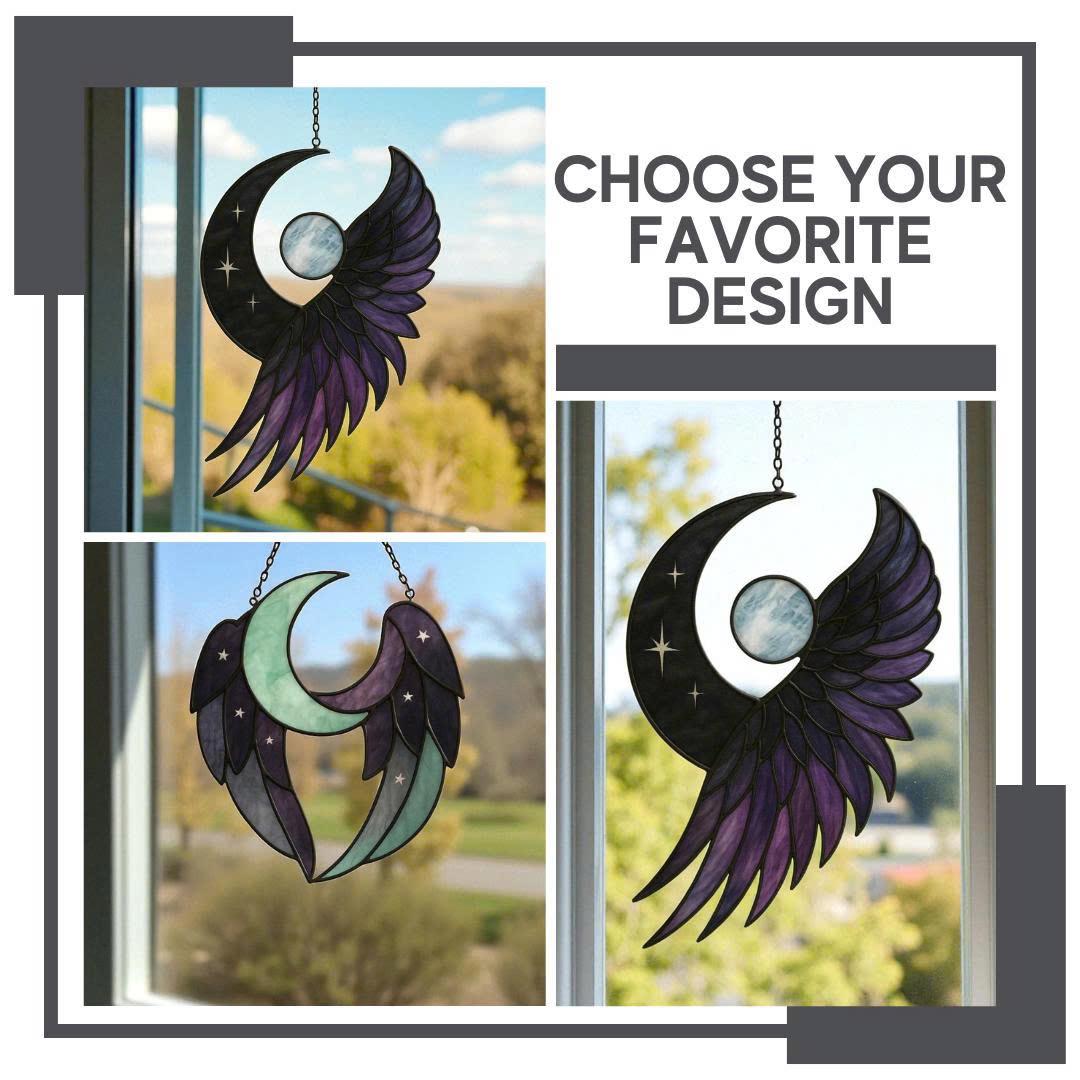 Stained Glass Moon & Wings Suncatcher – Handmade Celestial Window Art ...