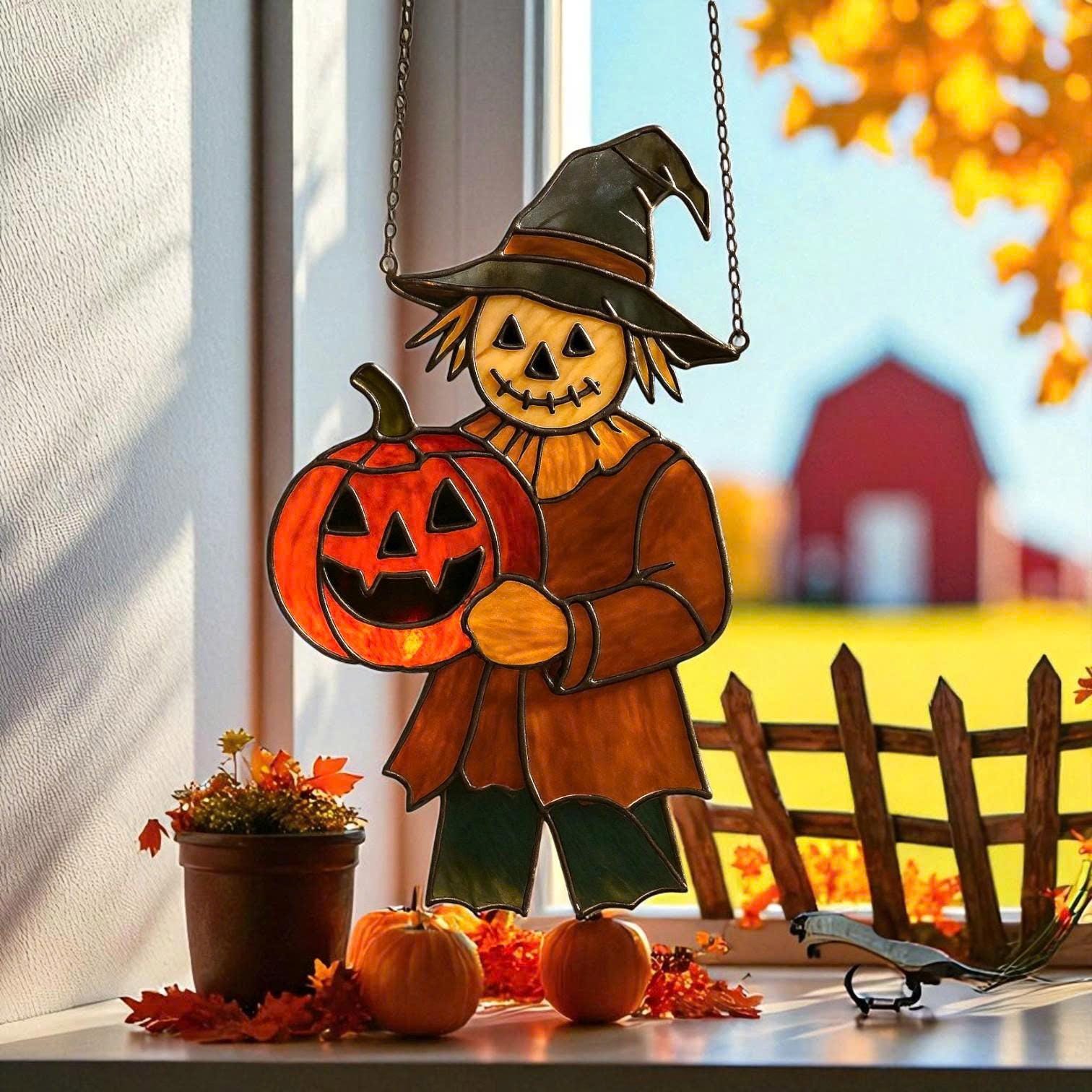 Halloween Stained Glass Scarecrow With Pumpkin – Fall Window Hanging ...