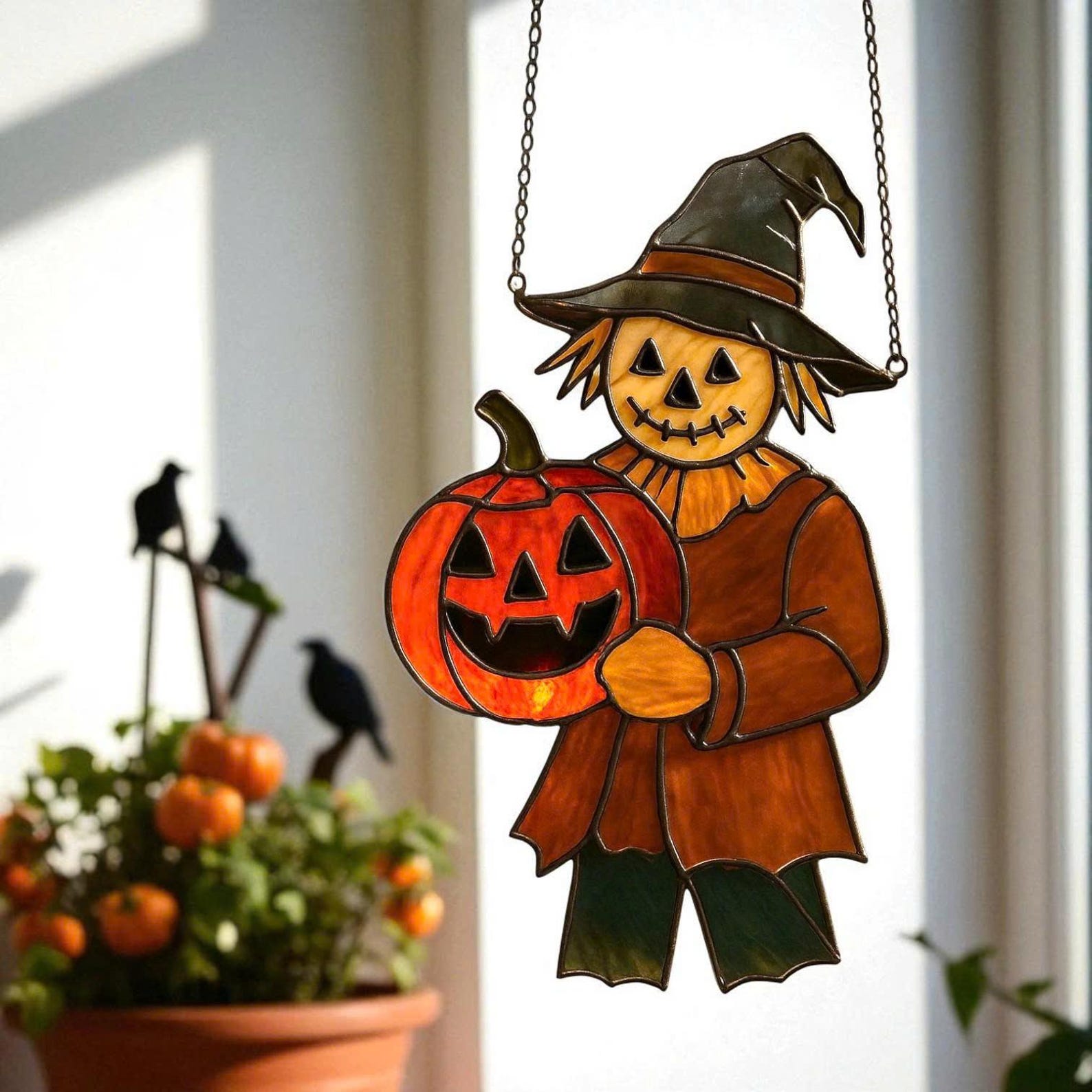 Halloween Stained Glass Scarecrow With Pumpkin – Fall Window Hanging ...