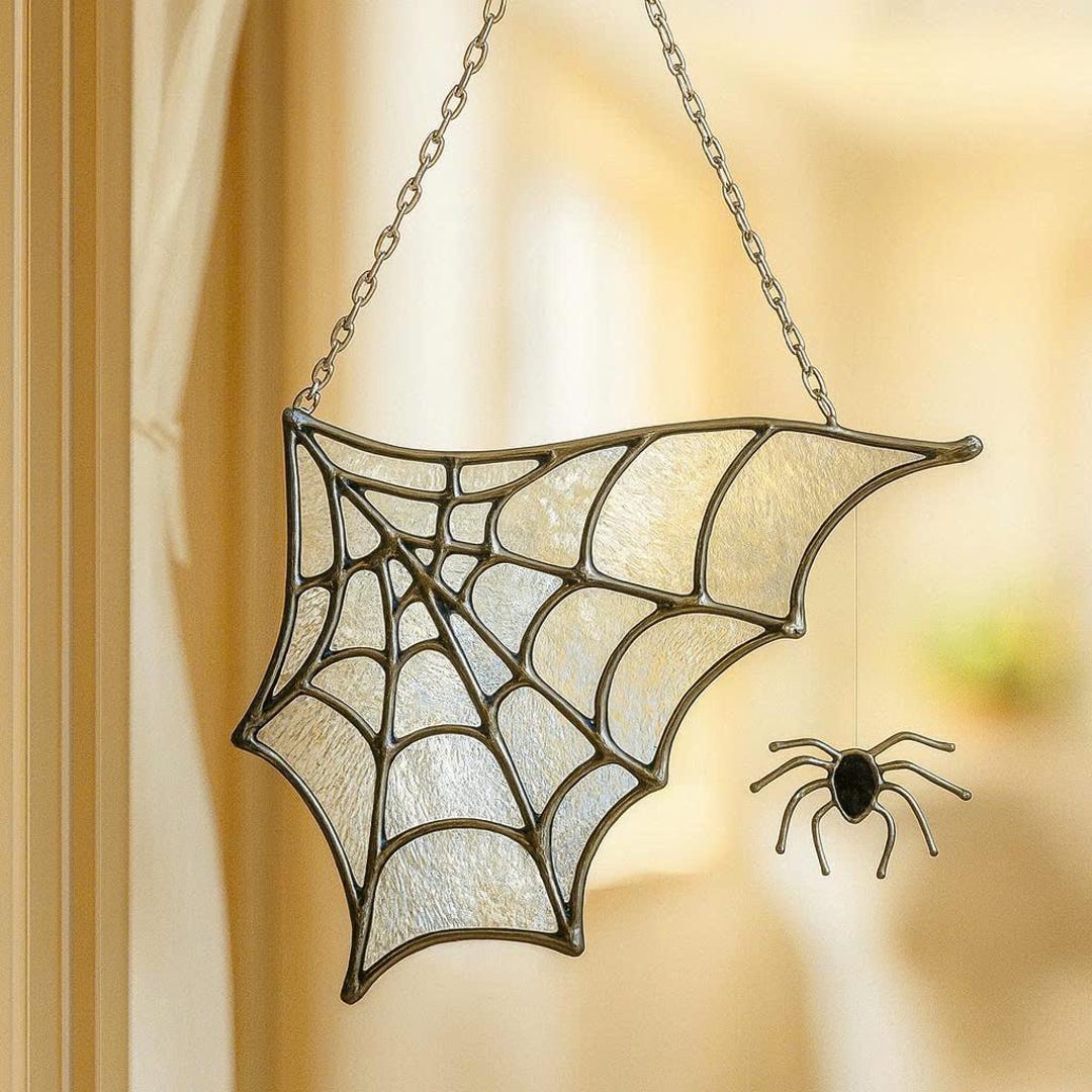 Halloween Stained Glass Spider Web Suncatcher | Gothic Window Hanging ...