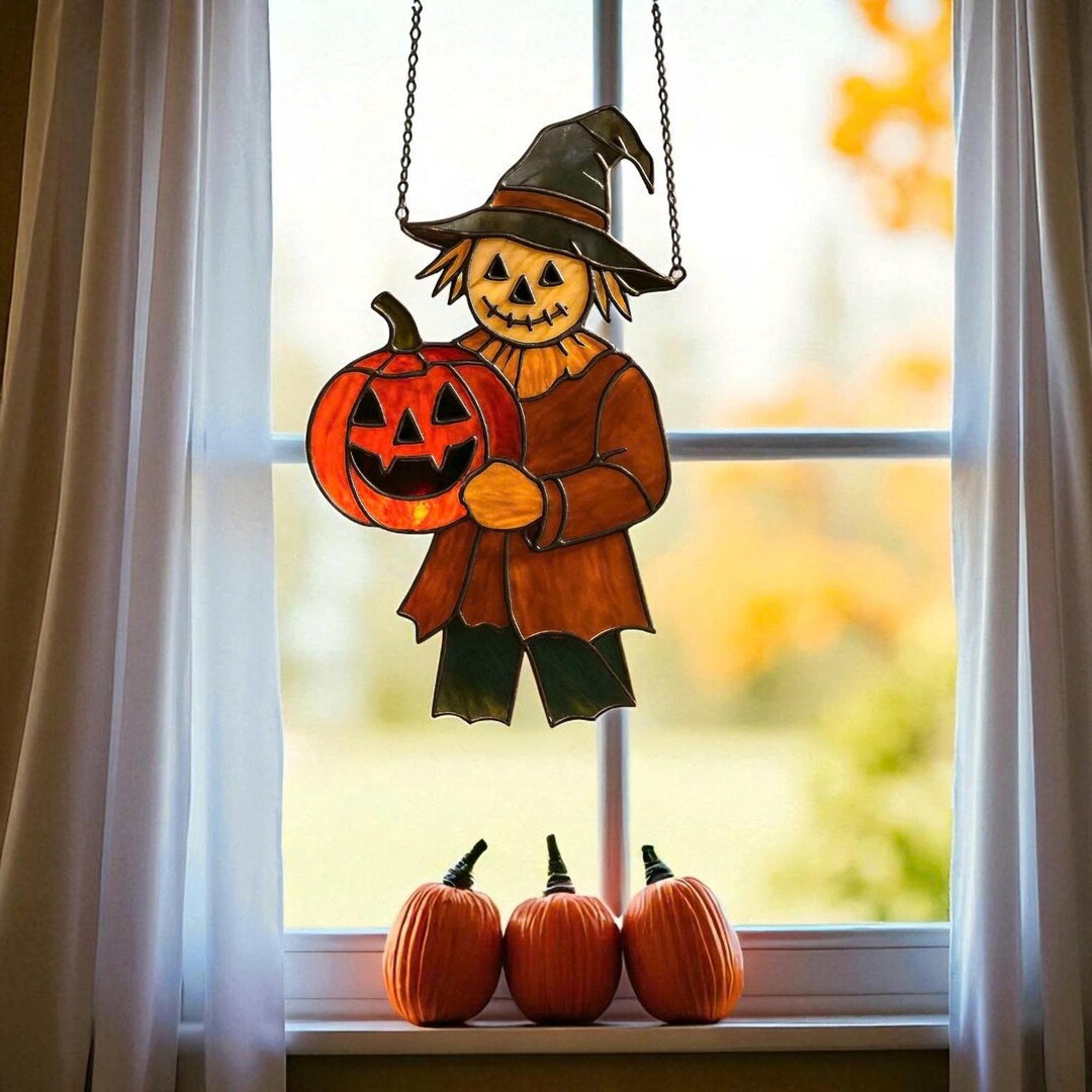 Halloween Stained Glass Scarecrow With Pumpkin – Fall Window Hanging ...