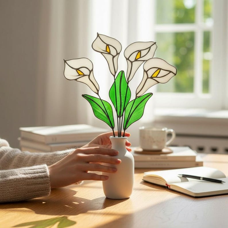 White Calla Lily Stained Glass Bouquet, Stained Glass Flower Figurine ...