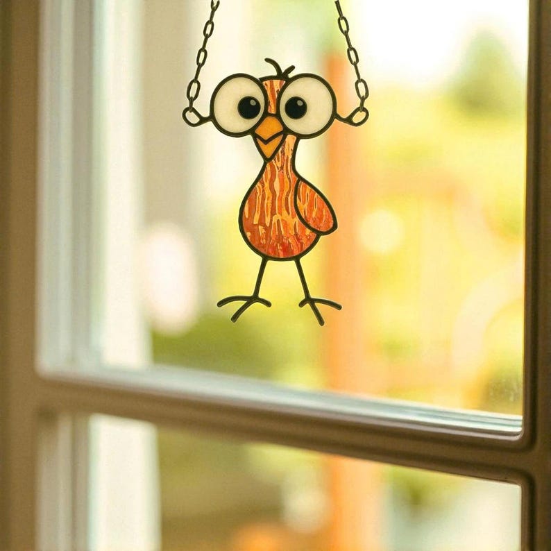 Funny Bird Stained Glass Suncatcher – Cute Cartoon Window Hanging ...