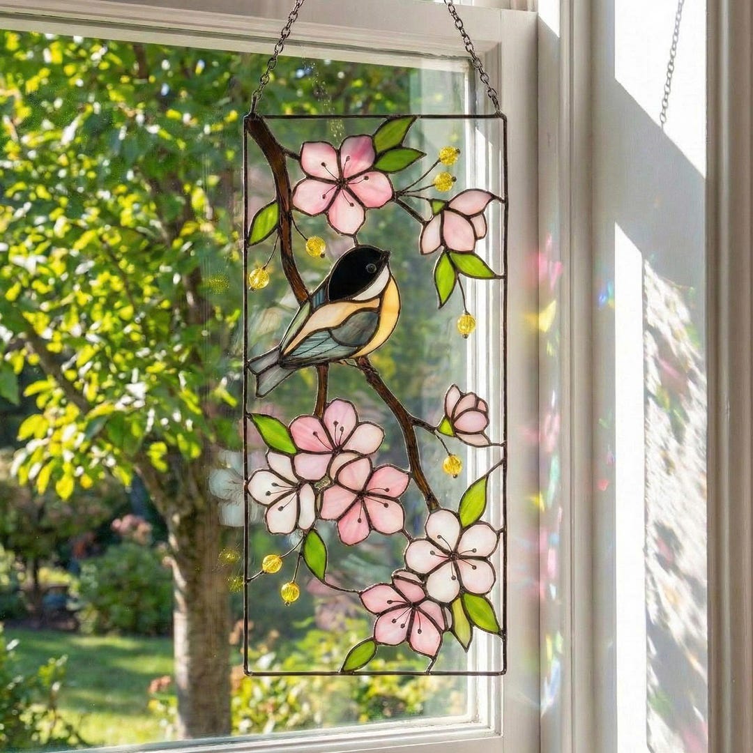Stained Glass Chickadee Suncatcher, Cherry Blossom Window Panel, Spring ...