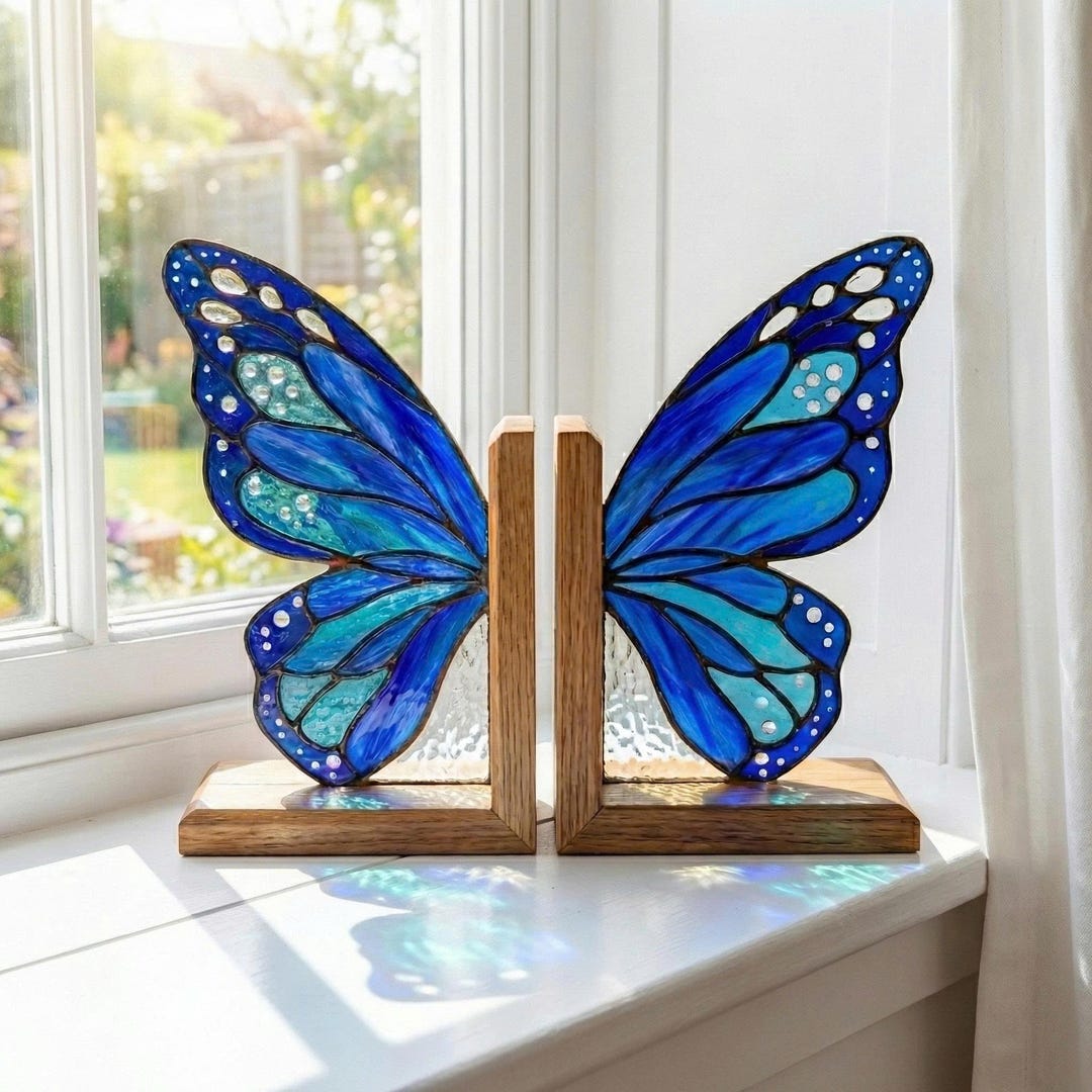 Stained Glass Butterfly Bookends, Blue Morpho Wings Bookshelf Decor ...