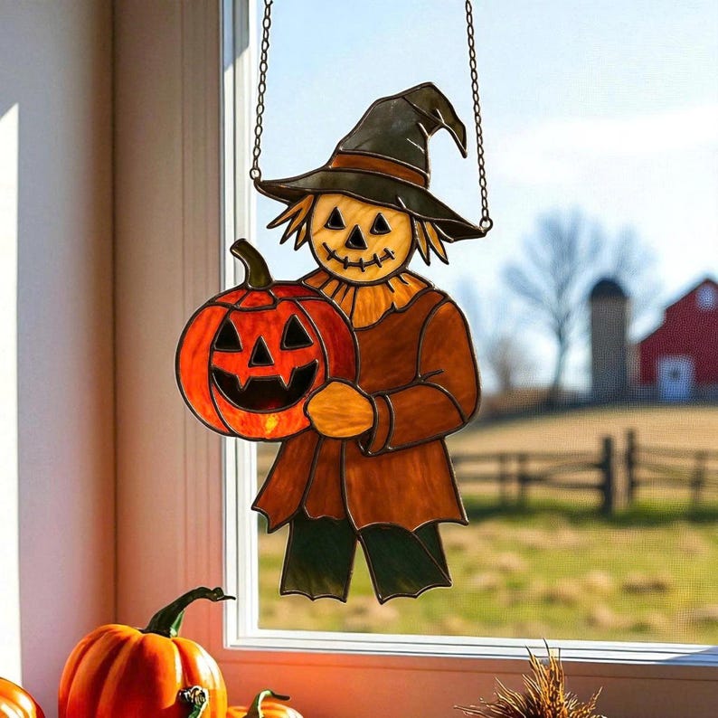 Halloween Stained Glass Scarecrow With Pumpkin – Fall Window Hanging ...