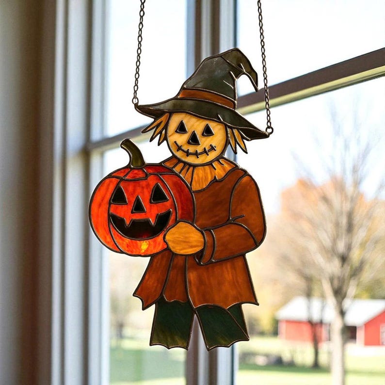 Halloween Stained Glass Scarecrow With Pumpkin – Fall Window Hanging ...