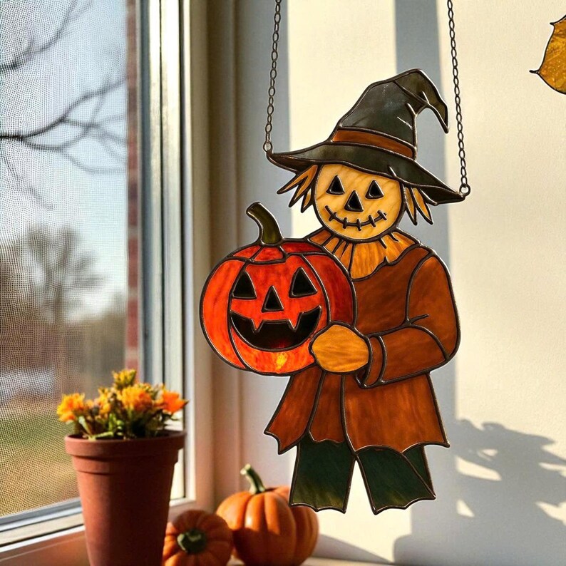 Halloween Stained Glass Scarecrow With Pumpkin – Fall Window Hanging ...