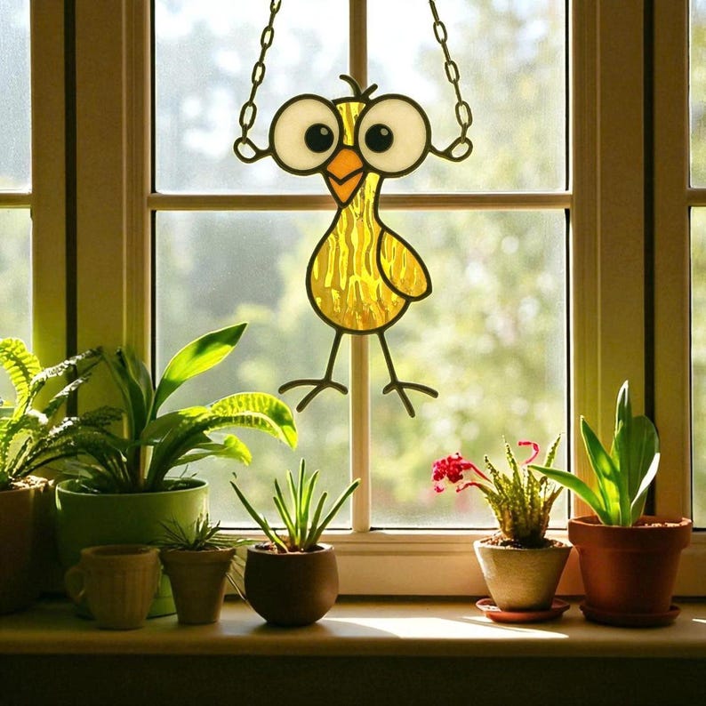 Funny Bird Stained Glass Suncatcher – Cute Cartoon Window Hanging ...