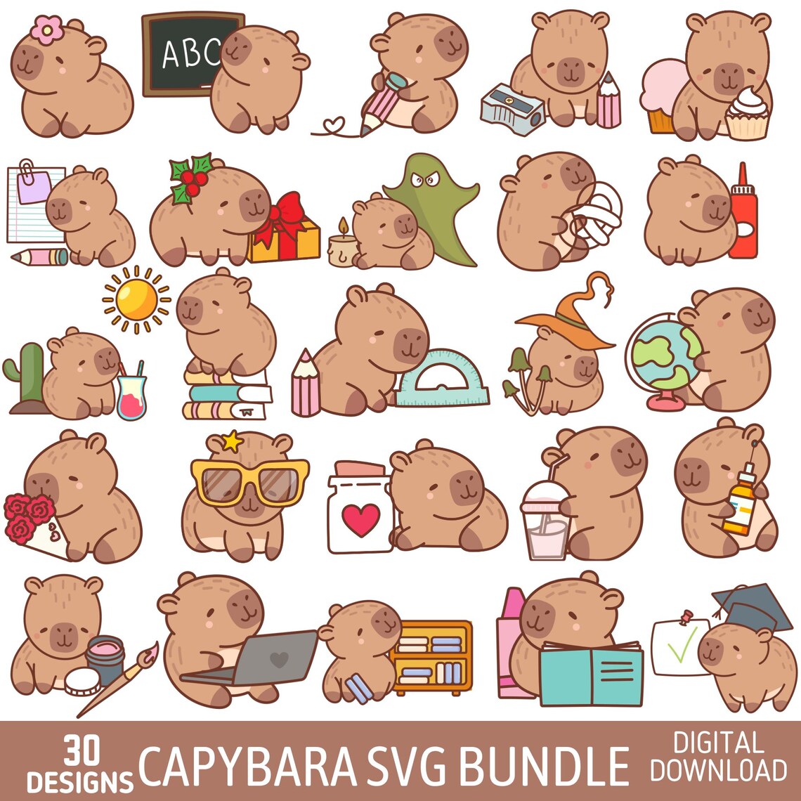Cute Capybara SVG Bundle, School Capybara Clipart, Kawaii Animal PNG ...
