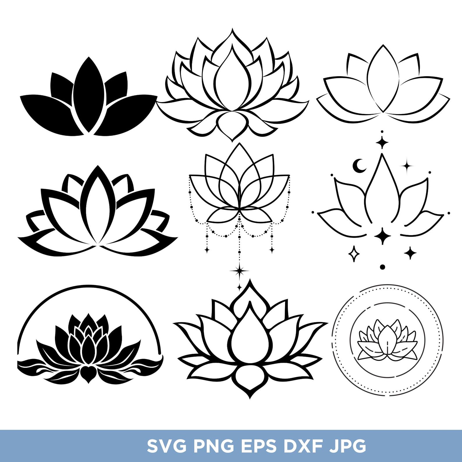 Lotus Flower SVG Bundle, Lotus Svg, PNG, Dxf, Eps, Pdf Cutting, Laser ...
