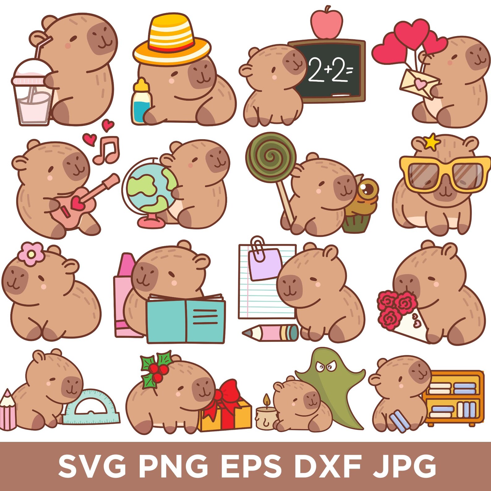 Cute Capybara SVG Bundle, School Capybara Clipart, Kawaii Animal PNG ...