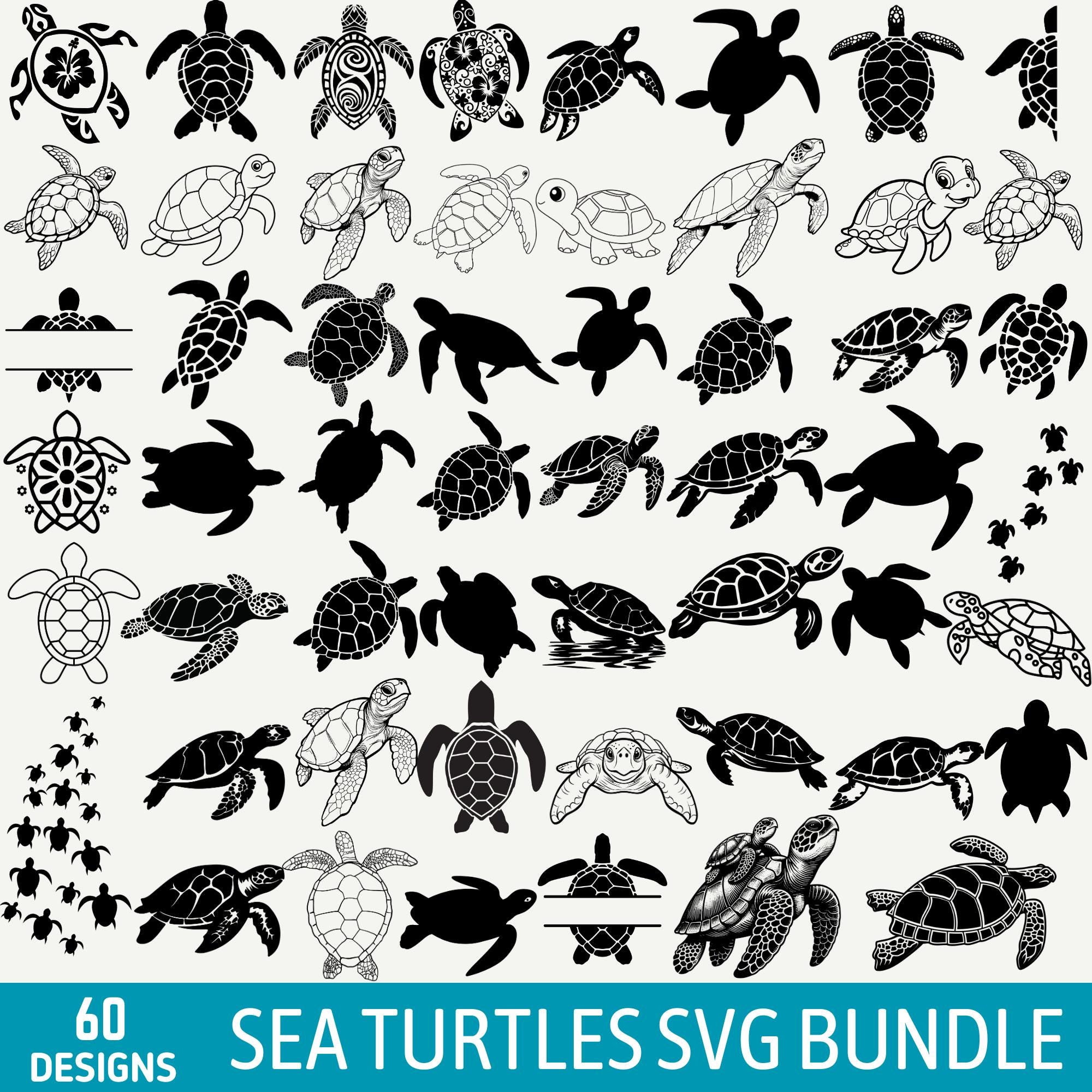 Sea Turtle SVG Bundle: 60 Ocean Animal Designs - Cricut, Silhouette ...