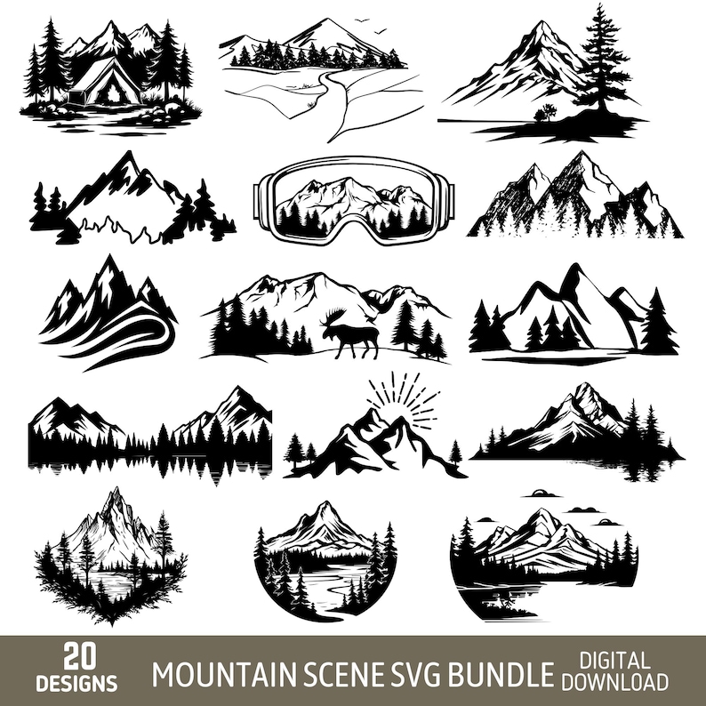 Mountain Scenes SVG Bundle: Adventure & Travel Designs (digital ...