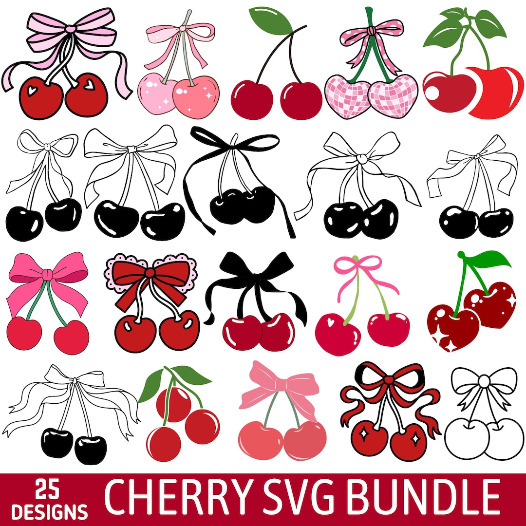 Cherry SVG Bundle, Cute Cherry Clipart, Bow Cherry Svg, Checkered ...