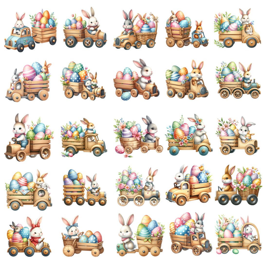 Watercolor Easter Bunny Truck PNG Bundle, Cute Rabbit With Eggs Clipart ...