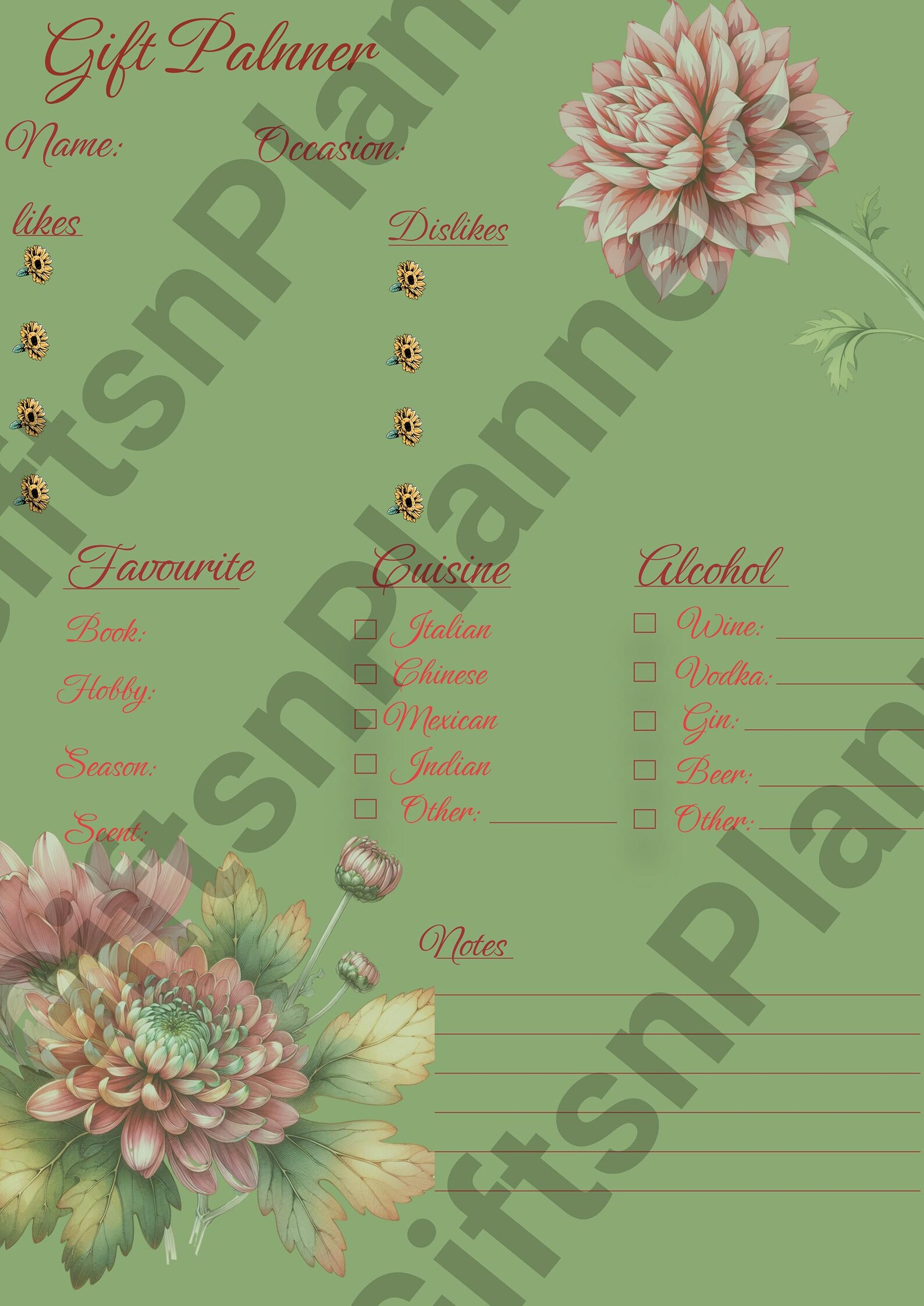 Printable Gift Planner | Floral Gift Ideas Template | Likes & Dislikes ...