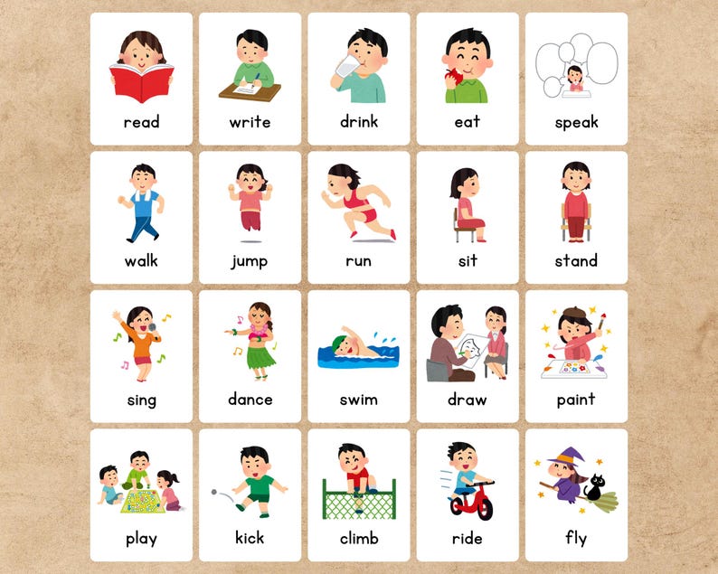 Action Verbs Flashcards – 40 Printable English Verb Cards for Kids ...
