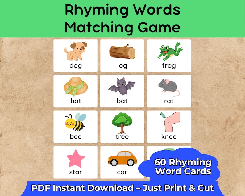 Rhyming Words Matching Game for Kids | Word - Picture Cards | Phonics ...