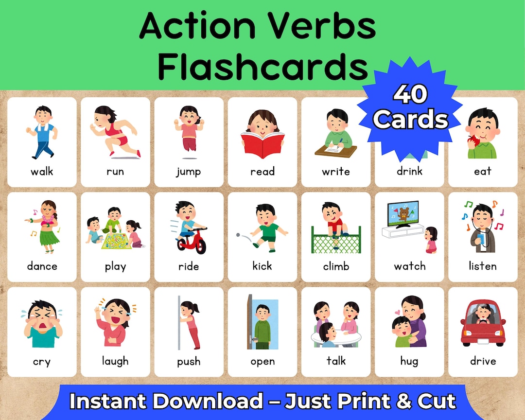 Action Verbs Flashcards – 40 Printable English Verb Cards for Kids ...