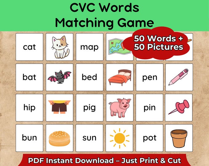 CVC Words Matching Game: Kids Phonics Printable Activity - Early ...