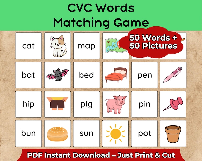 CVC Words Matching Game: Kids Phonics Printable Activity - Early ...