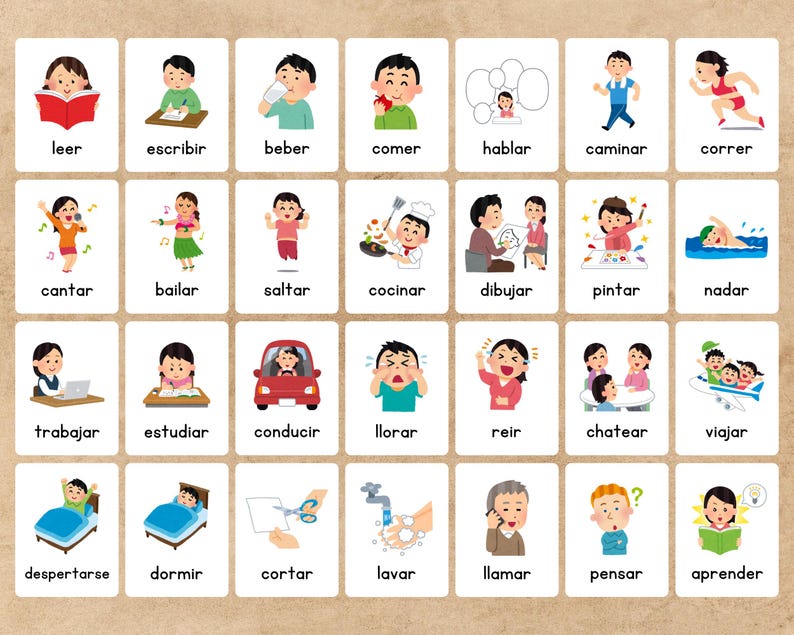 Spanish Verbs Flashcards | 28 Action Words in Spanish, Printable ...