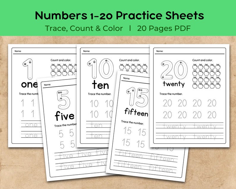 1–20 Number Tracing Worksheets – Trace, Count, Color Printable PDF ...