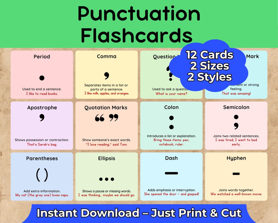 Punctuation Marks Cards – Grammar Flashcards for Kids – 12 Symbols With ...