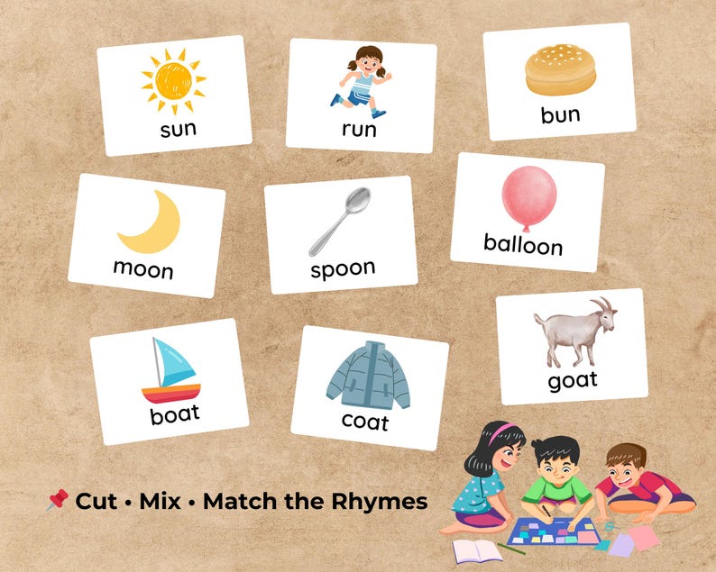 Rhyming Words Matching Game for Kids | Word - Picture Cards | Phonics ...