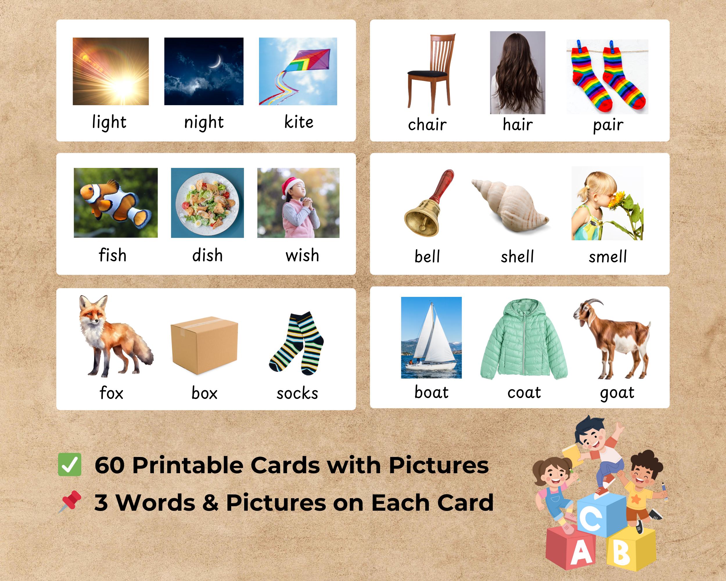 Rhyming Word Cards – 60 Printable Phonics Cards With Pictures – Rhyming ...