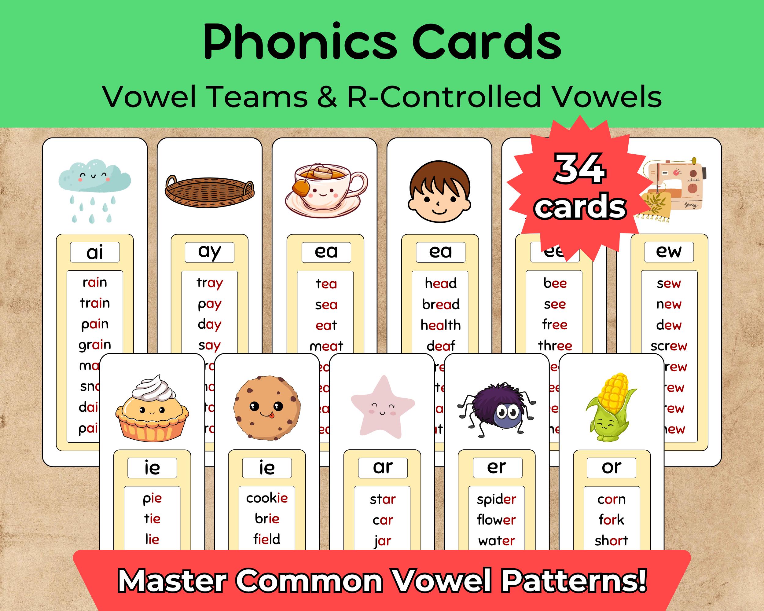 Vowel Teams & R-controlled Vowels Flashcards: Phonics Learning – Vowel ...