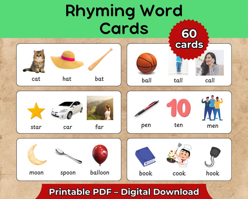Rhyming Word Cards – 60 Printable Phonics Cards With Pictures – Rhyming ...