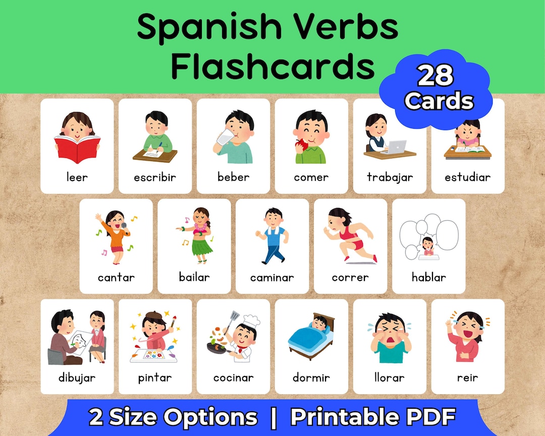 Spanish Verbs Flashcards | 28 Action Words in Spanish, Printable ...