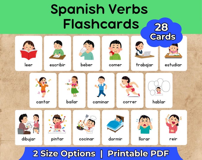 Spanish Verbs Flashcards | 28 Action Words in Spanish, Printable ...