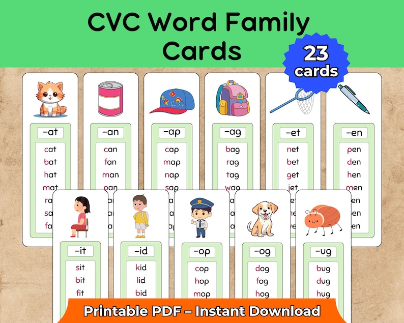CVC Word Family Flashcards: Phonics Learning - Short Vowels - Reading ...