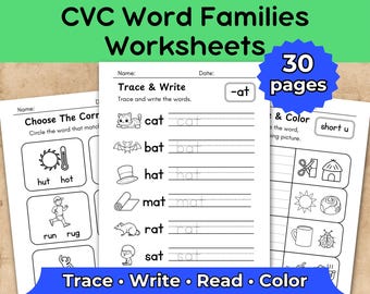 CVC Word Families Phonics Worksheets: Kindergarten & Grade 1 Literacy ...
