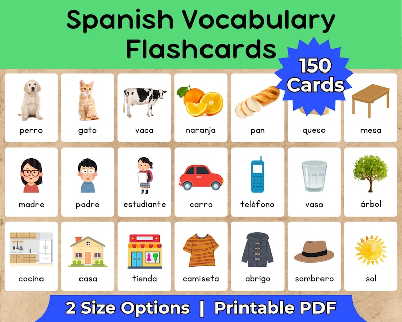 Spanish Vocabulary Flashcards | 150 Printable Common Words Cards ...