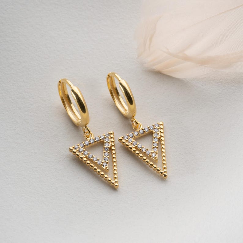 Dainty Double Triangle Earrings • Geometric Crystal Dangle Minimalist ...