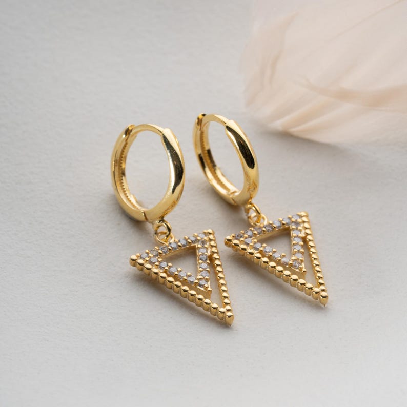 Dainty Double Triangle Earrings • Geometric Crystal Dangle Minimalist ...